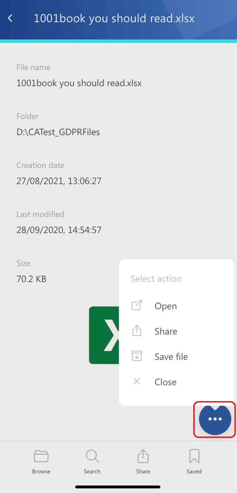 contentACCESS mobile GDPR File context menu | TECH-ARROW Documentation Center
