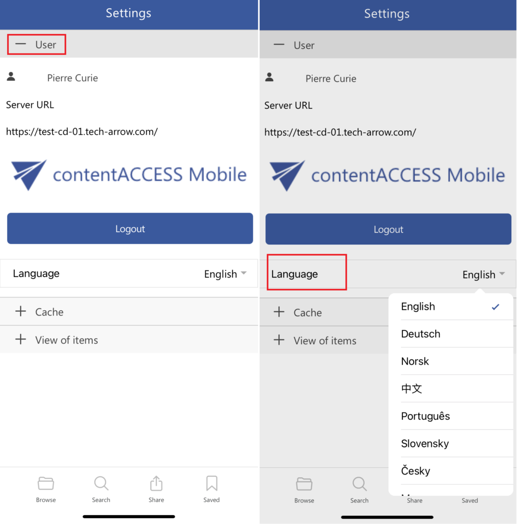 contentACCESS mobile settings users | TECH-ARROW Documentation Center