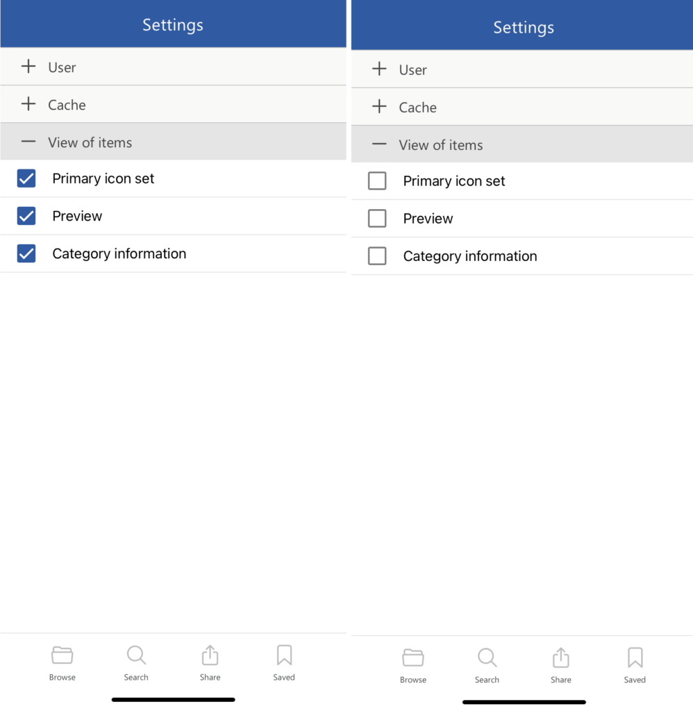 contentACCESS mobile settings view of items_1 | TECH-ARROW Documentation Center