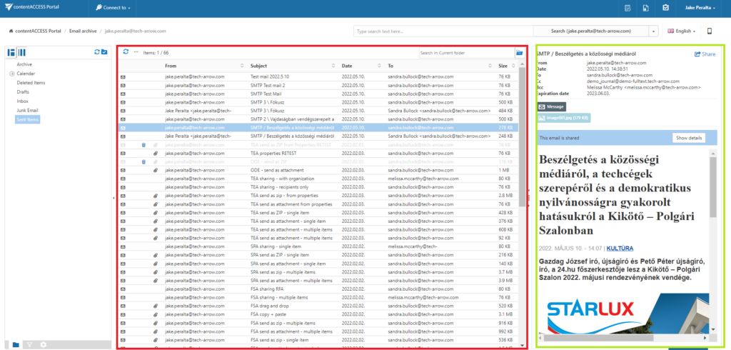 contentACCESS Portal 13. – item list and email preview | TECH-ARROW Documentation Center