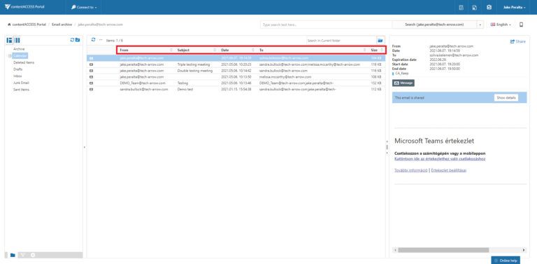 contentACCESS Portal 17. – sorting in email archive | TECH-ARROW Documentation Center