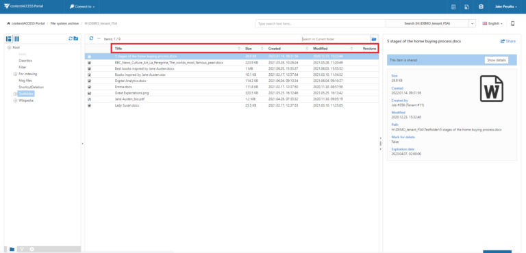 contentACCESS Portal 18. – sorting in file archive | TECH-ARROW Documentation Center