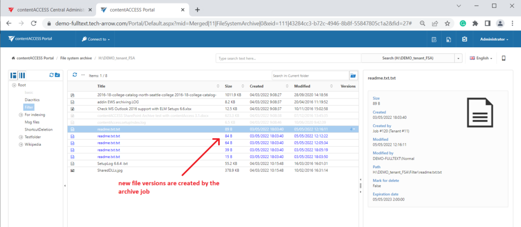contentACCESS 22. – file archive versions | TECH-ARROW Documentation Center