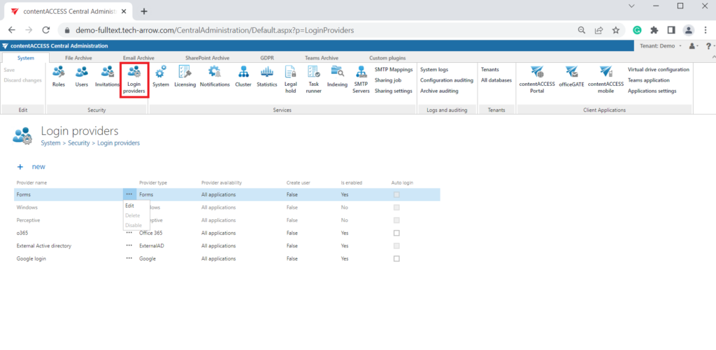 contentaccess 19. – login providers | TECH-ARROW Documentation Center