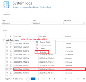 System log – 2. context menu of the selected job | TECH-ARROW Documentation Center