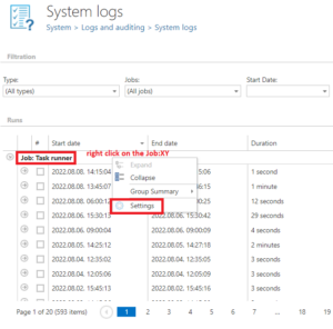 System log – 3. context menu of the jobs | TECH-ARROW Documentation Center